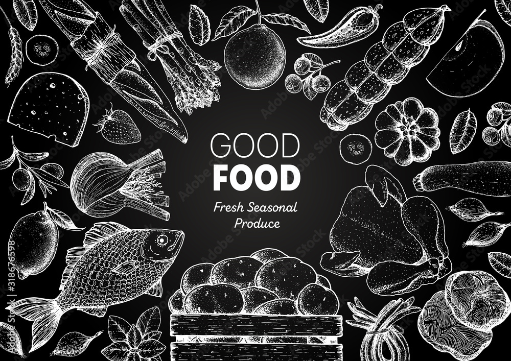 Organic food illustration. Farmers market design elements. Hand drawn ...
