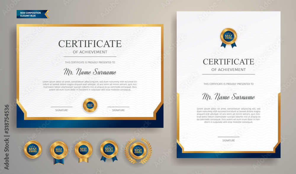 Elegant blue and gold certificate of achievement template with gold badge and border Stock ...