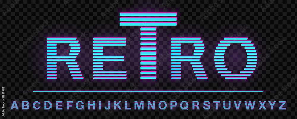 80's and 90's retro neon light style glowing line font isolated on ...