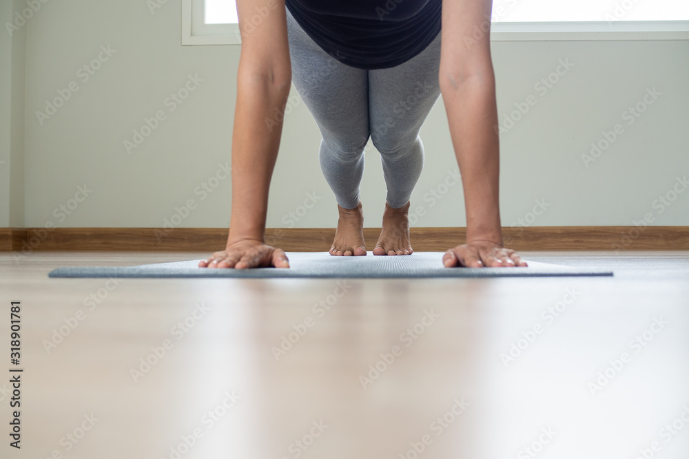 Healthy women are exercising by doing a full plank by contracting the ...