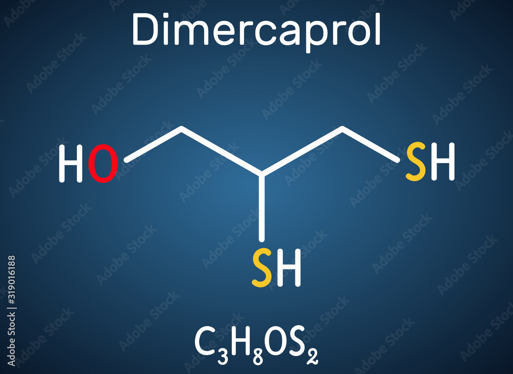 Dimercaprol, BAL, British anti-Lewisite, C3H8OS2, molecule. It is ...