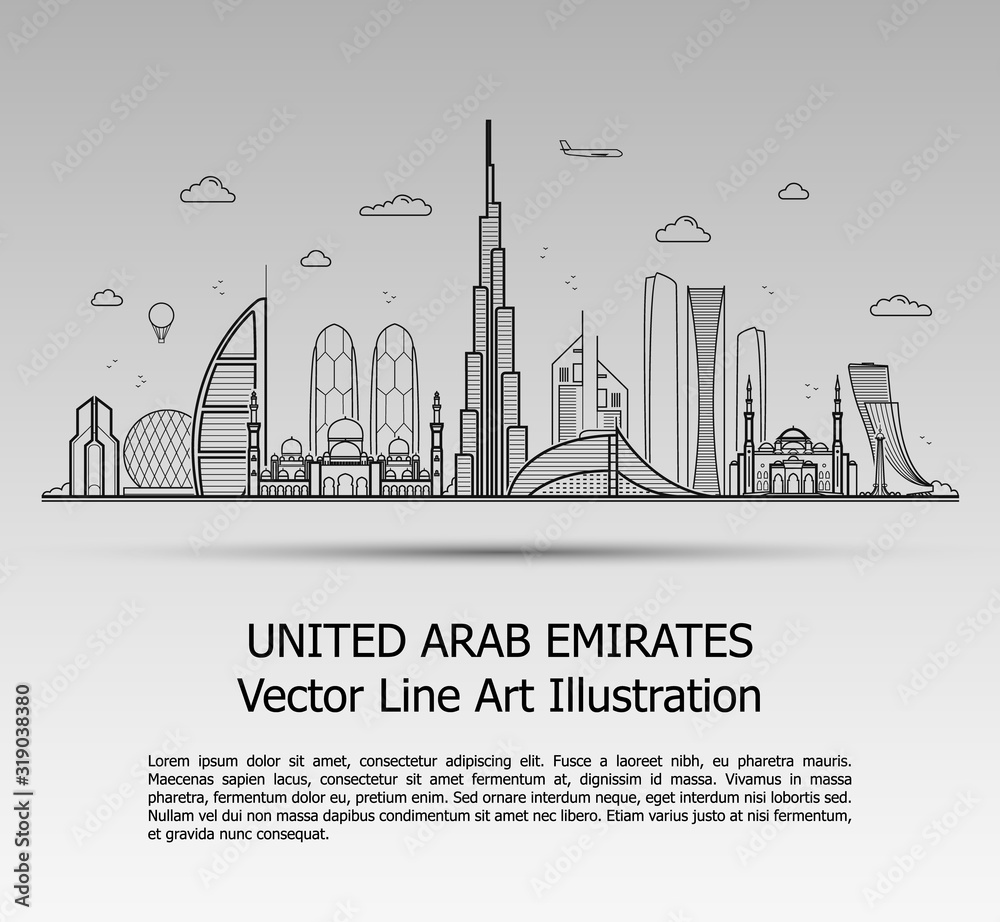 Line Art Vector Illustration of Modern United Arab Emirates with ...