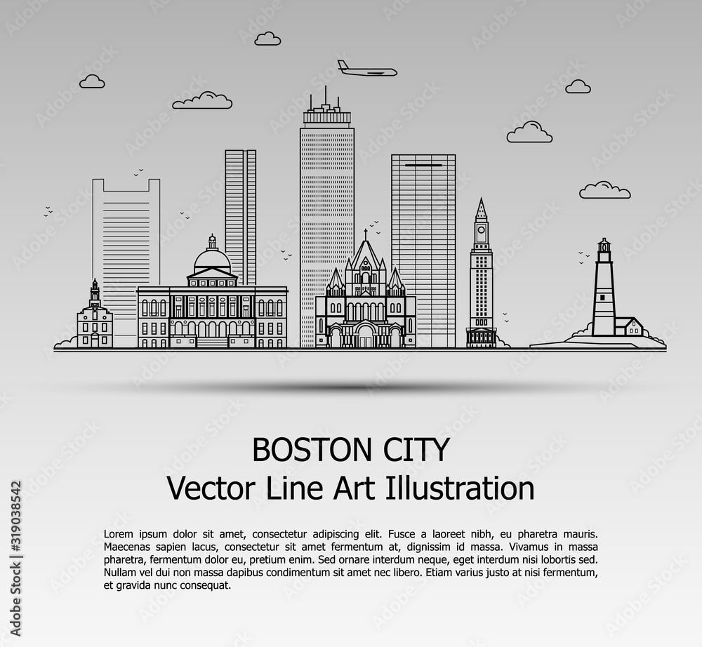 Line Art Vector Illustration of Modern Boston City with Skyscrapers ...