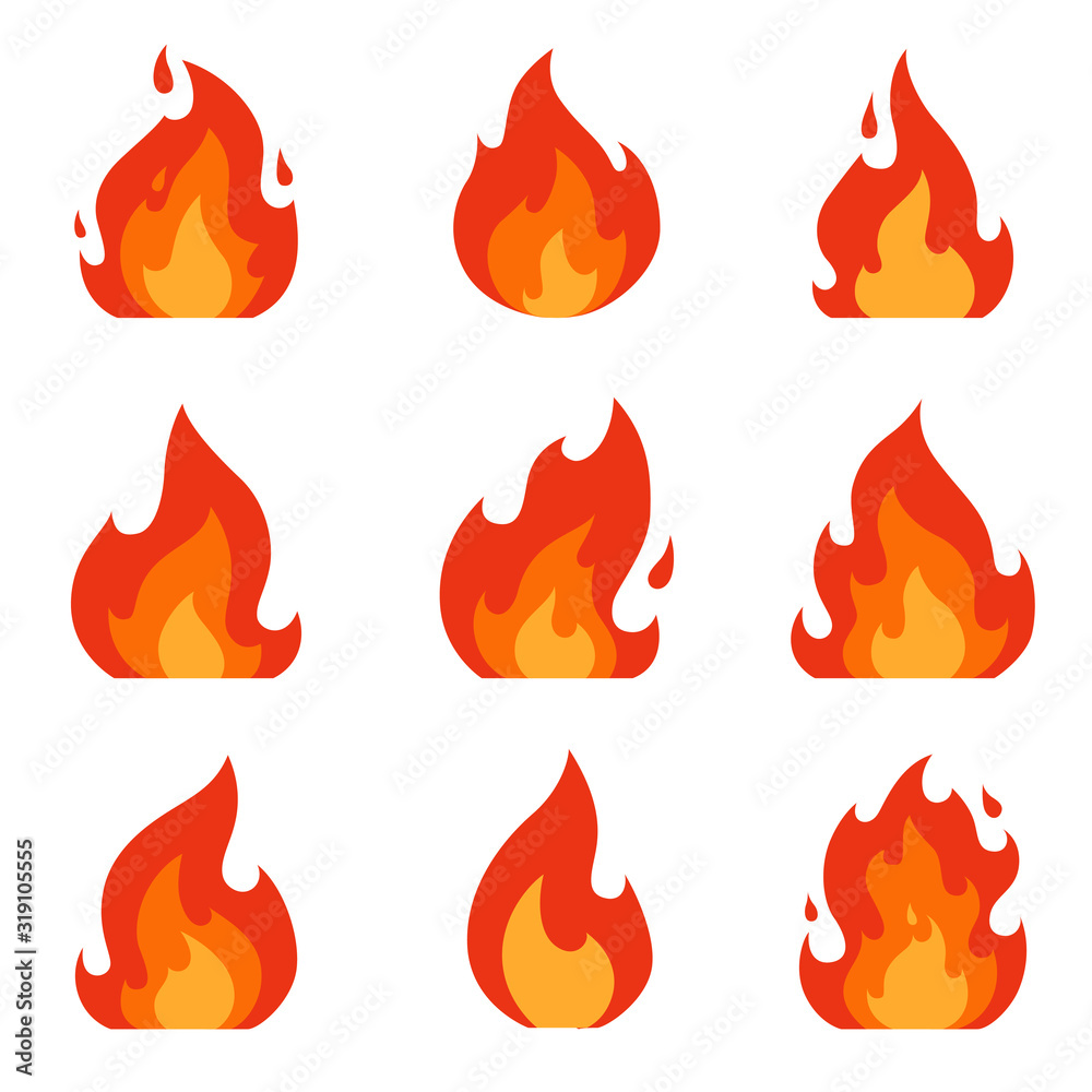 Set of fire icons. Flame design of different shapes. Bonfire images ...