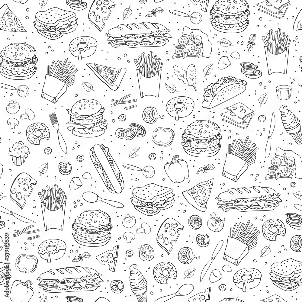 Fast food. Seamless background. Vector fast food pattern. Stock Vector | Adobe Stock