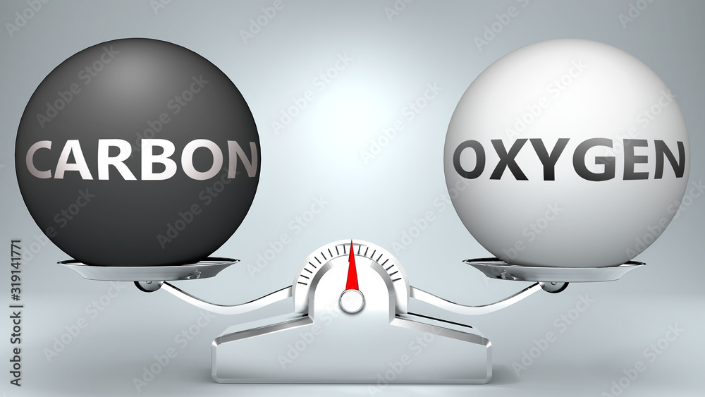 Ilustração Carbon and oxygen in balance - pictured as a scale and words ...