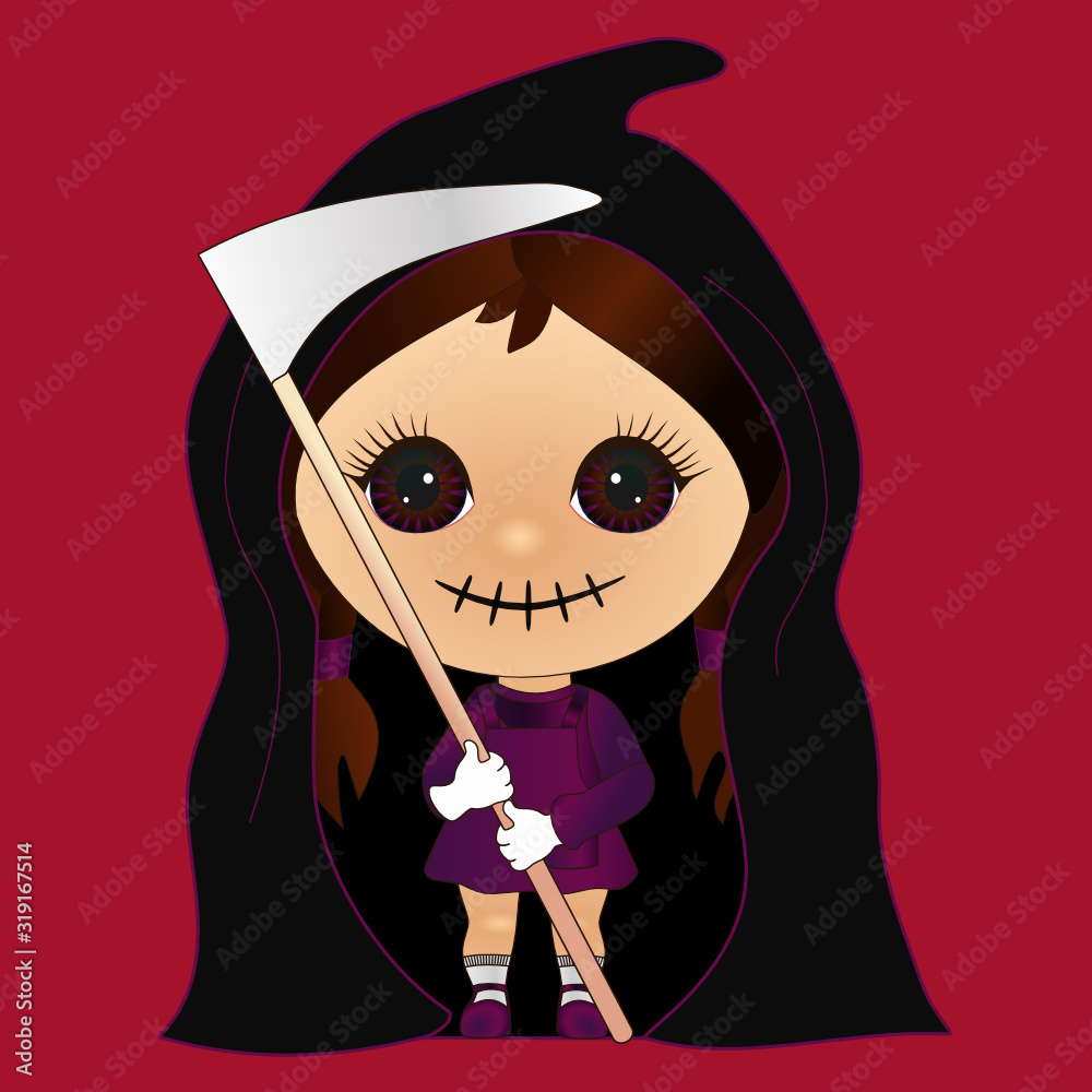 emoticon or emoji of angel of death in hood with a scythe, smiling grim ...