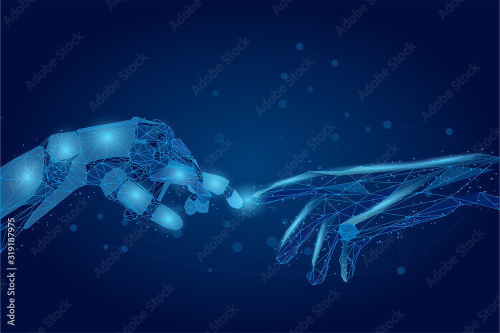 Abstract mash line and point Low poly wireframe human and robot hands touching with fingers ...