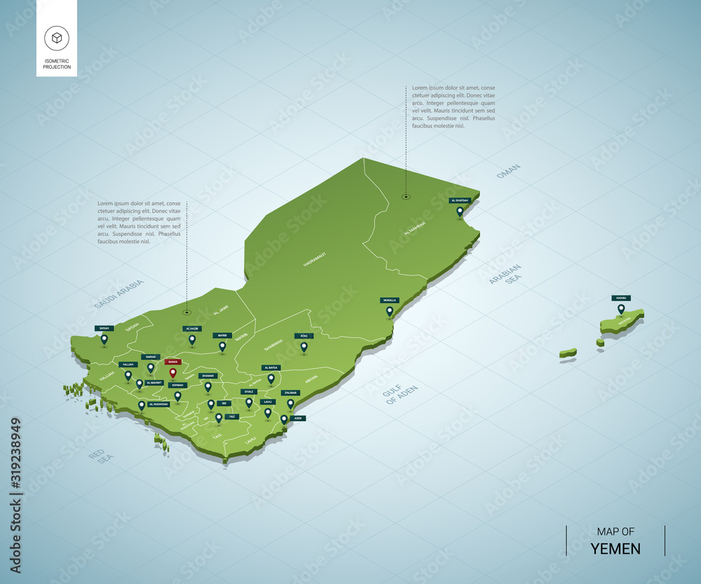 Stylized map of Yemen. Isometric 3D green map with cities, borders ...