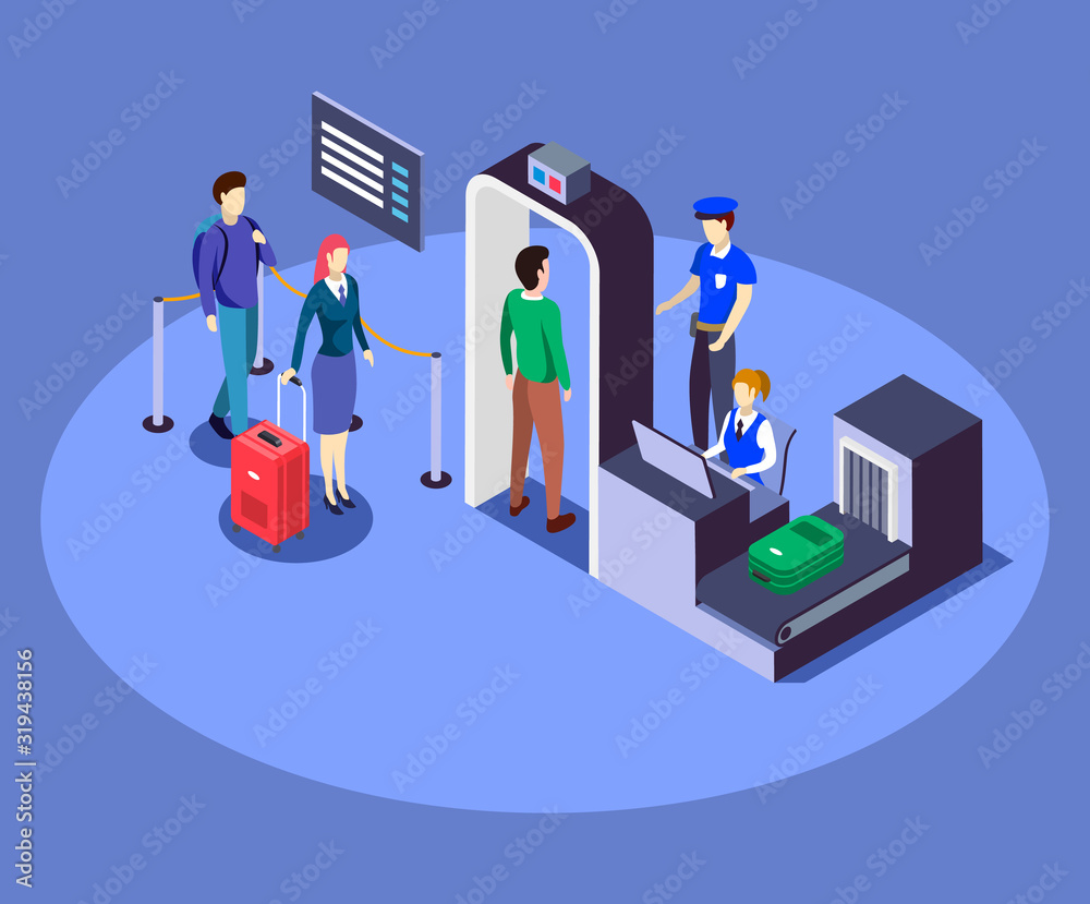 Airport security checkpoint isometric color vector illustration ...