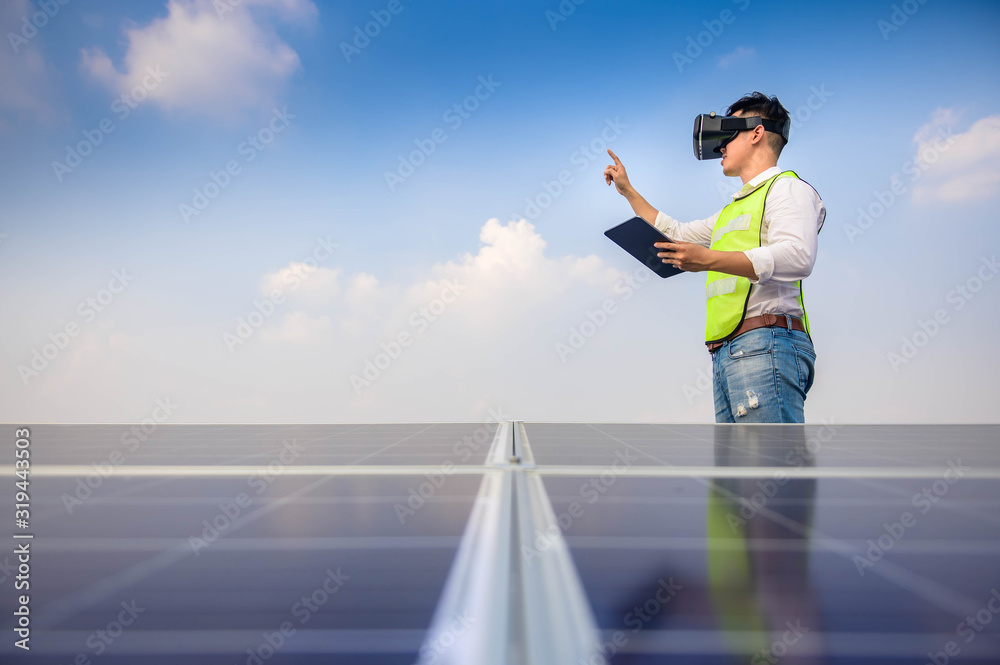 Engineer using vr helmet for checking commissioning and test run solar ...