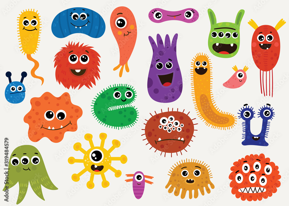 Cartoon set with different characters of microorganisms.Funny ...