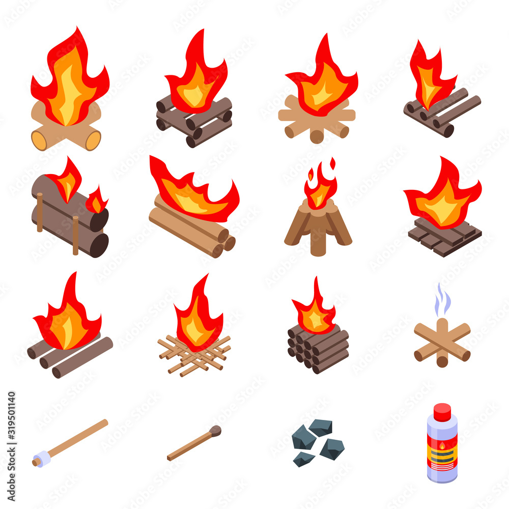 Campfire icons set. Isometric set of campfire vector icons for web ...