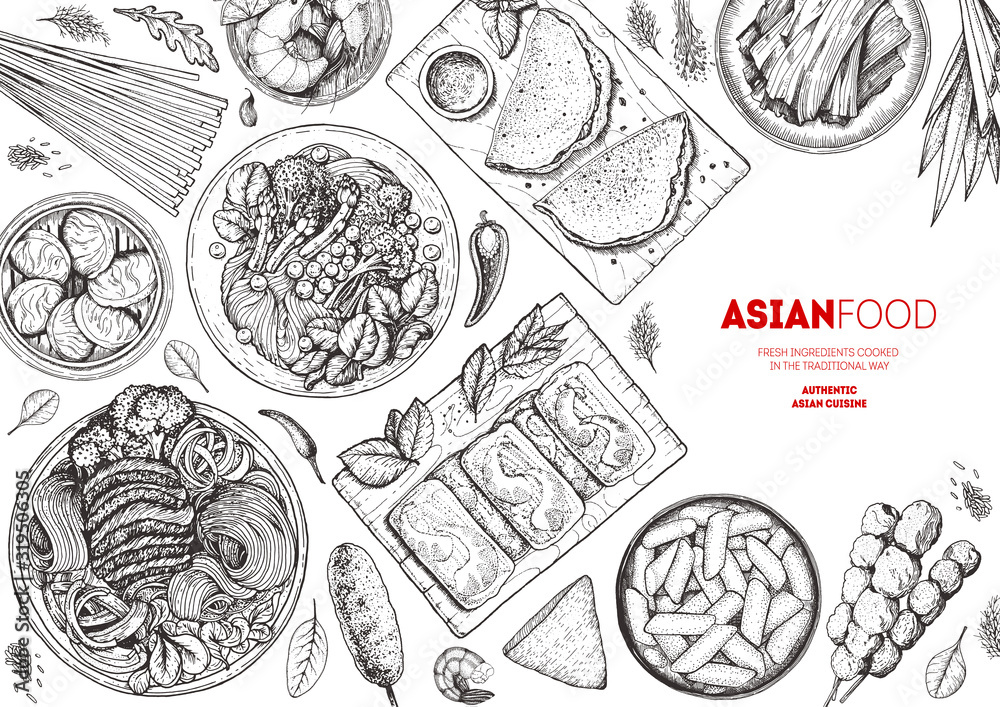 Chinese Food menu design template, engraved elements. Asian cuisine ...