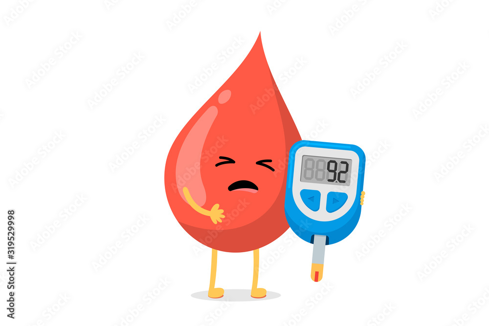 Cute cartoon sick blood drop character with glucometer. Diabetic ...