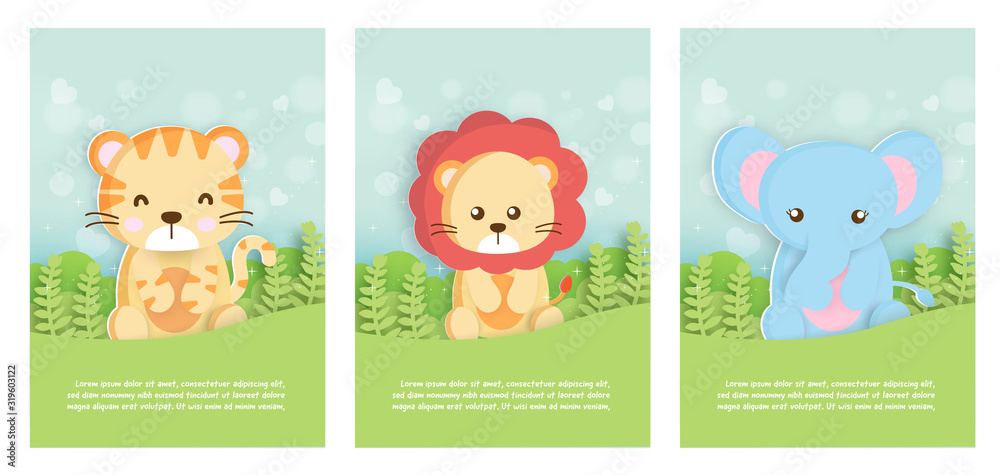 Set animals template cards with tiger ,lion and elephant in paper card ...