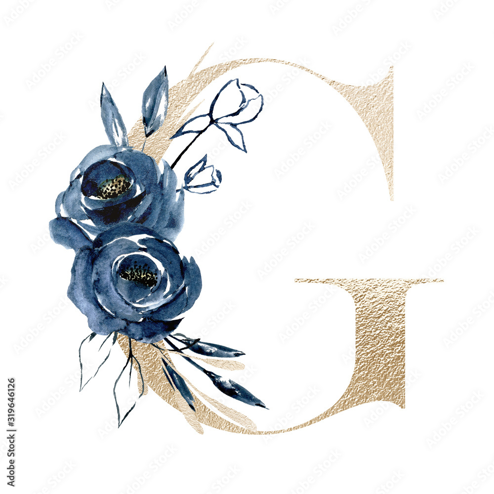 Gold letter g decorated with watercolor bloom of blue roses. Isolated ...