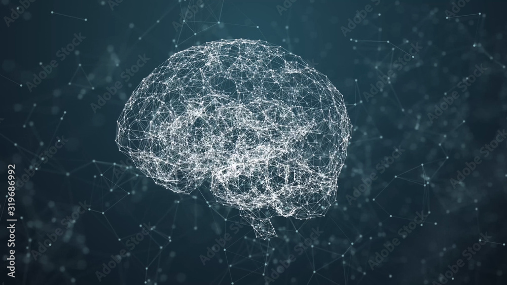 Artificial intelligence ( AI), Rotating human brain animation, modern ...