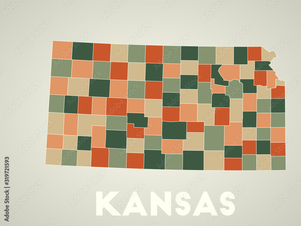 Kansas poster in retro style. Map of the US state with regions in ...
