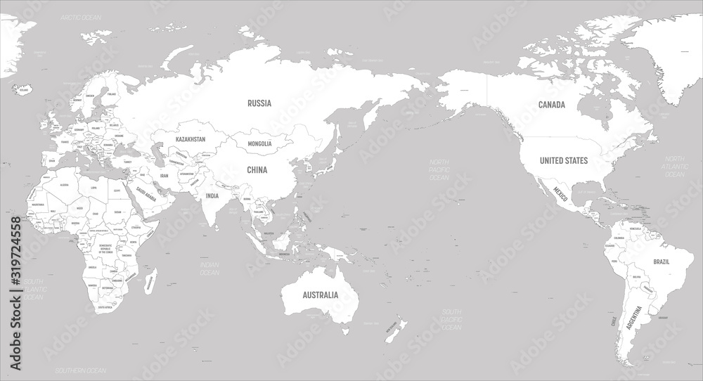 World map - Asia, Australia and Pacific Ocean centered. White lands and ...
