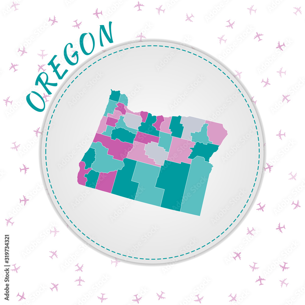 Oregon map design. Map of the US state with regions in emerald-amethyst ...