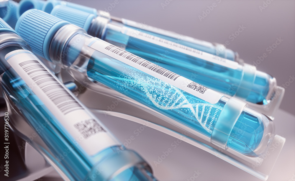 Molecule of DNA forming inside the test tube. 3D illustration ...