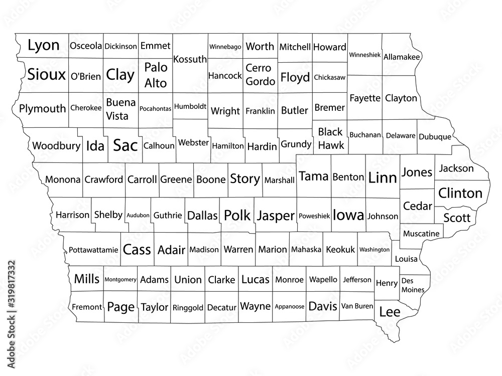 White Outline Counties Map With Counties Names of US State of Iowa ...