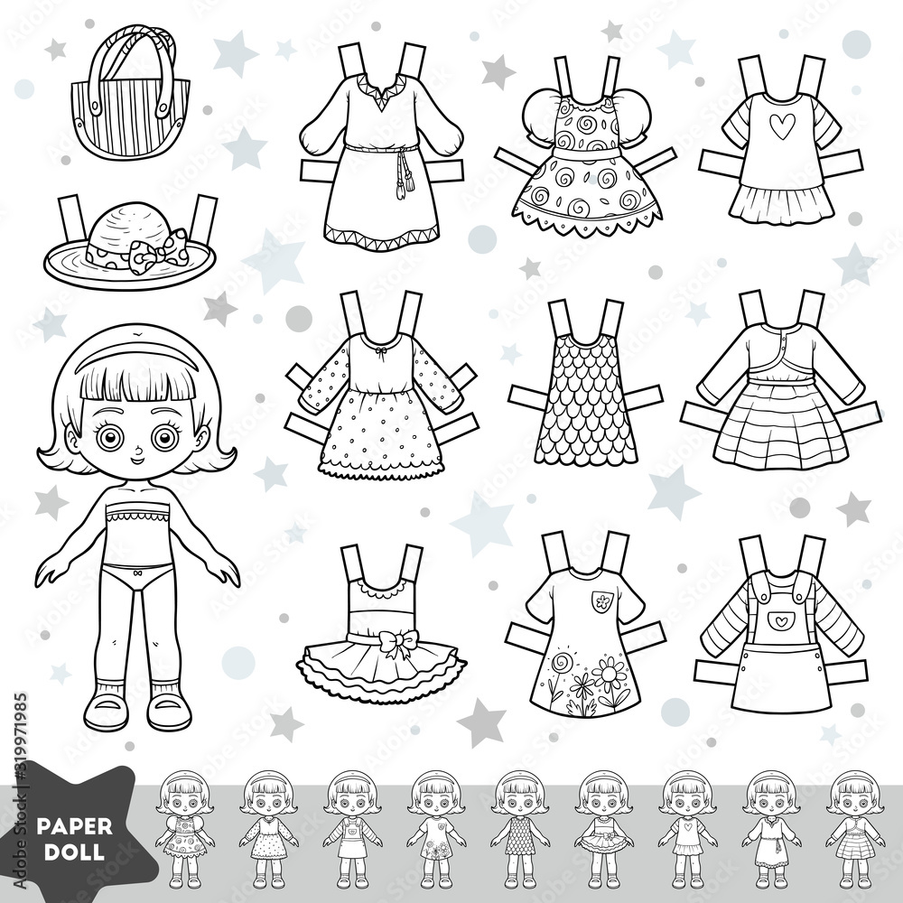 Black and white cartoon set, cute paper doll and set of summer clothes ...
