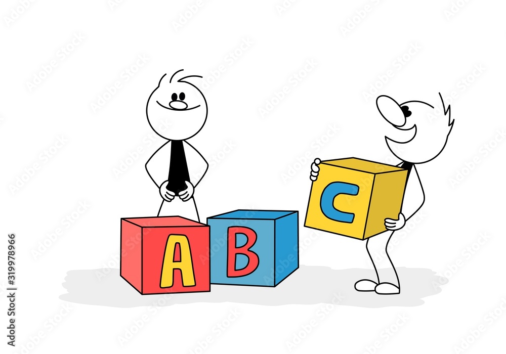 Doodle stick figure: Happy men with alphabet blocks. Hand drawn cartoon ...