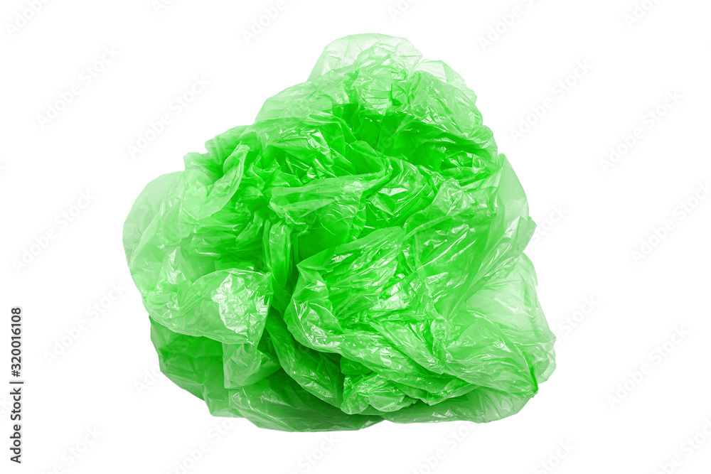 Green plastic bag on a white background, isolate. Used plastic bag for ...