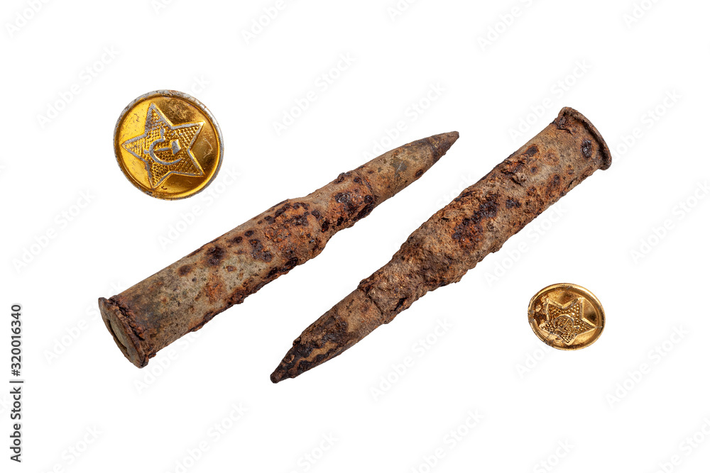 Foto de Stock Old rusty rifle cartridges with bullets from the second ...