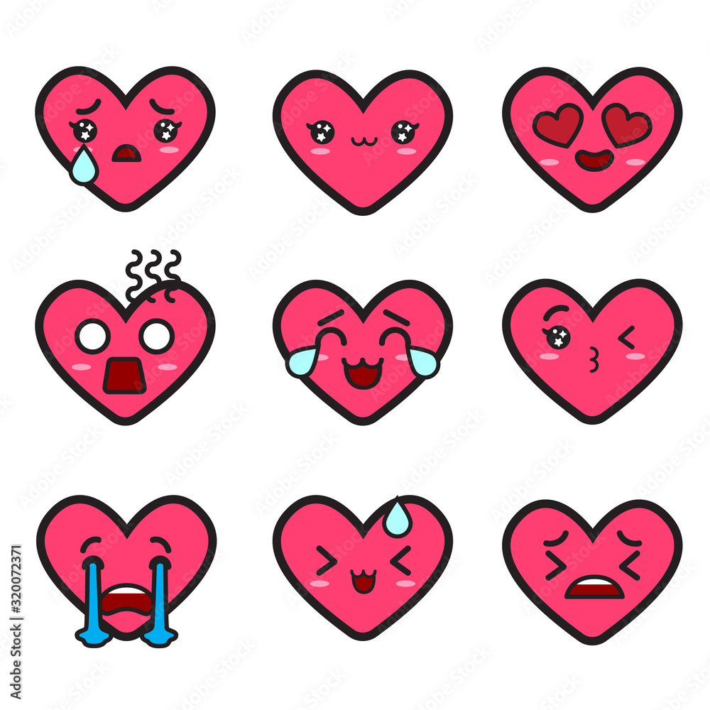 Kawaii hearts emoticons set. Pink hearts with cute eyes vector ...