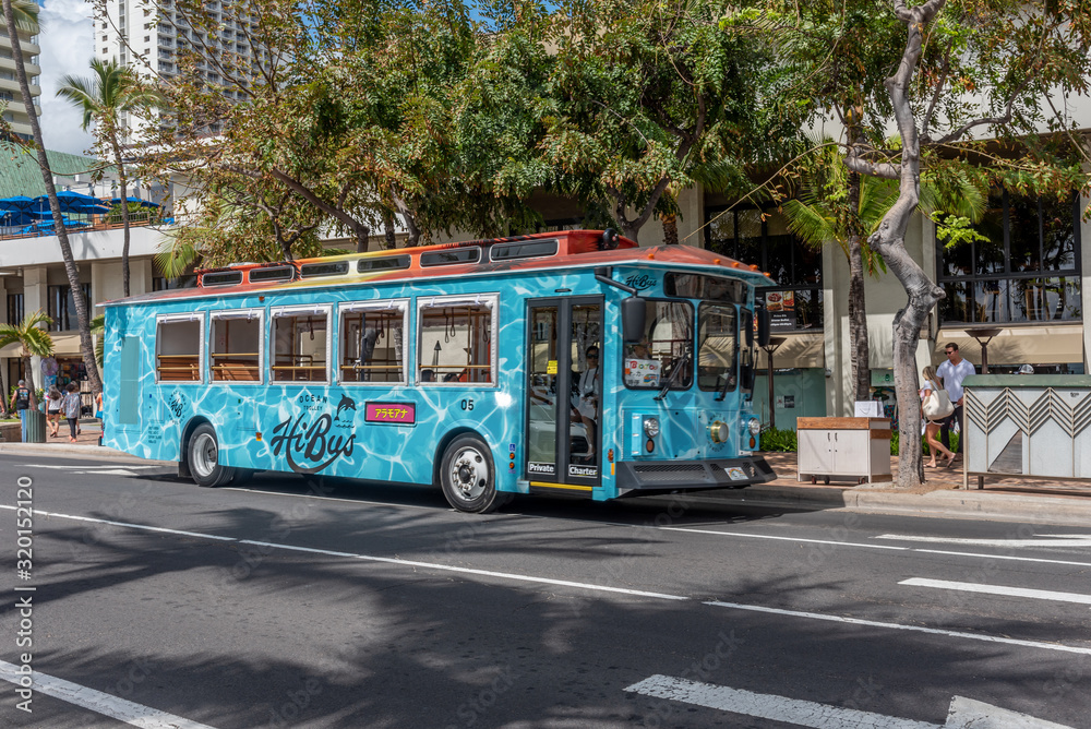 Honolulu, Hawaii - March 31, 2019: The Hi Bus bus on Kalakaua Avenue in ...