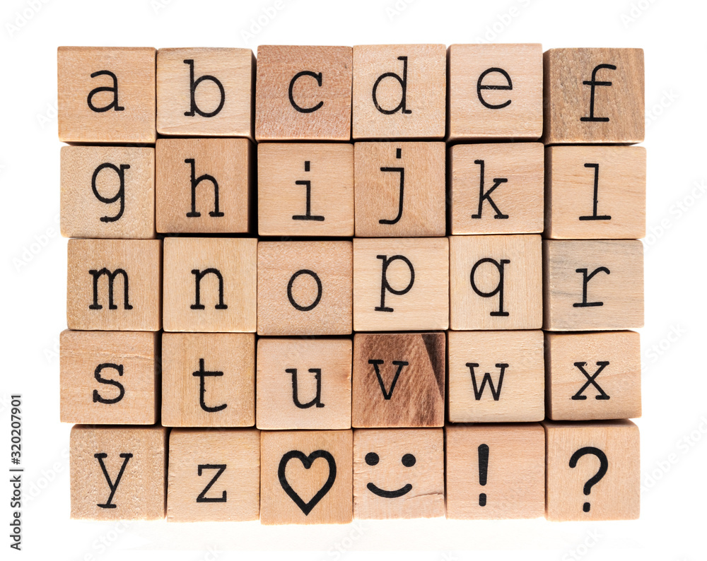 Alphabet wood blocks. Complete English lowercase alphabet in black ...