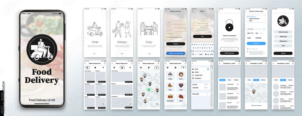 Mobile App Design Ui Ux Gui Mockups Set Enter Login And Password And A Screen With A Choice