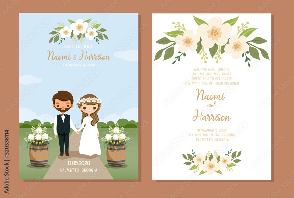 cute couple cartoon with rustic wedding invitation card template Stock ...