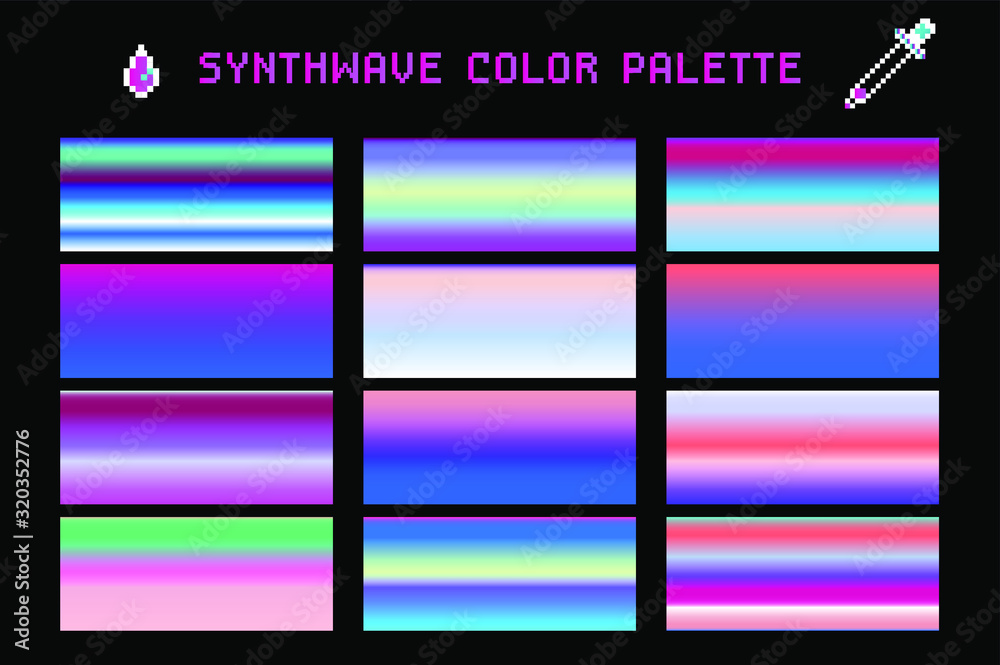 Synthwave color palette, set of duotone and holographic swatches for ...