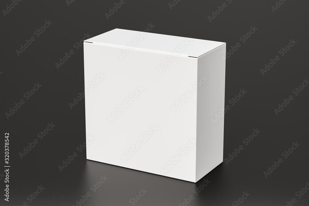 Blank white wide square box with closed hinged flap lid on black ...