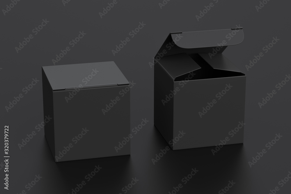 Blank black cube gift box with open and closed hinged flap lid on black ...