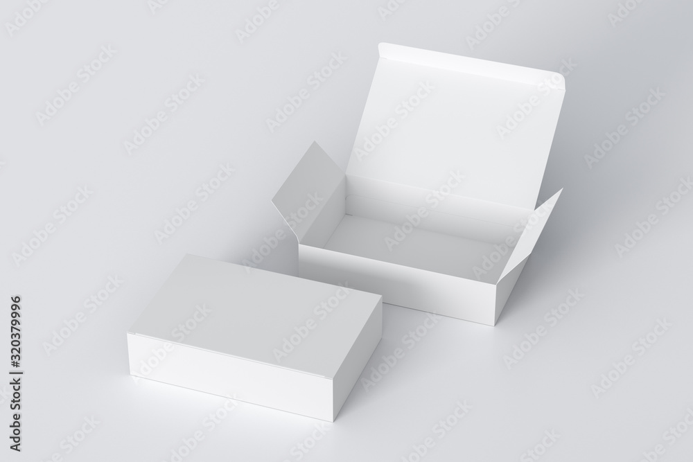 Blank white wide flat box with open and closed hinged flap lid on white ...