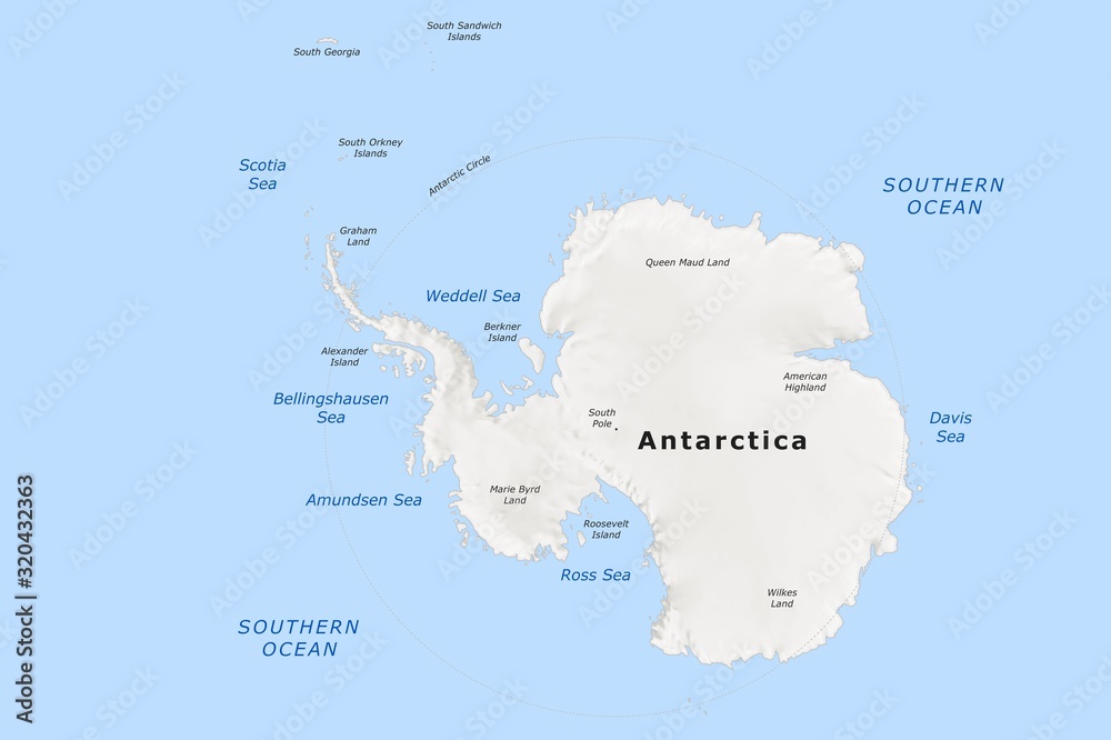 Antarctica political map on light blue background with terrain relief ...