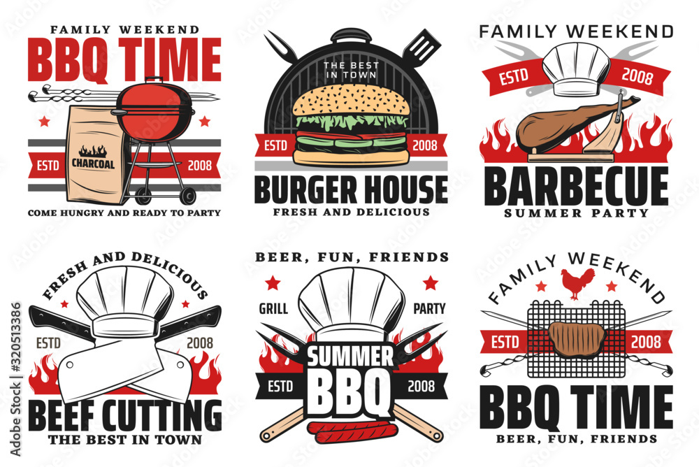 Barbecue summer party, summer holiday picnic and cookout icons. Vector ...