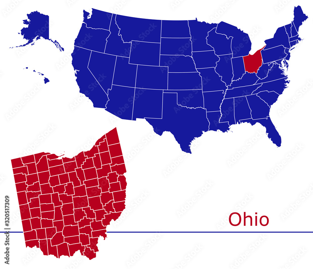 Ohio counties vector map with USA map colors national flag Stock Vector ...