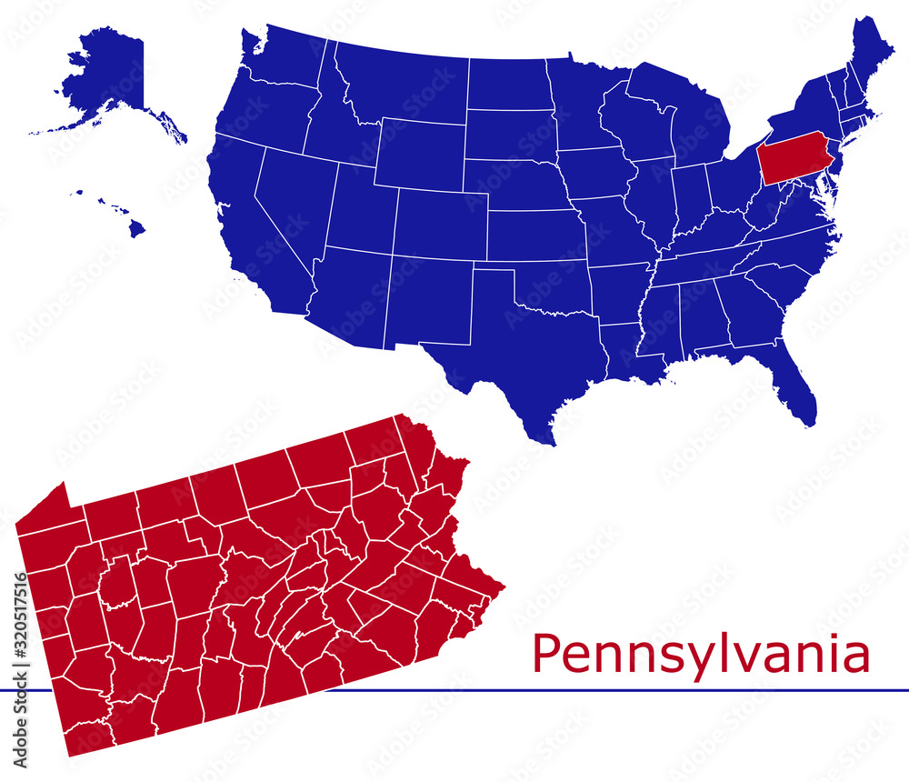 Pennsylvania counties vector map with USA map colors national flag ...
