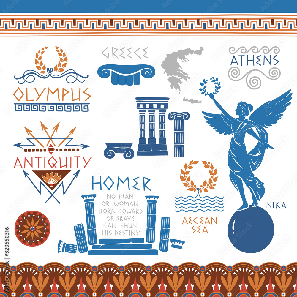 Ancient Greek Culture Vector Illustrations. National Symbols, Ornaments ...