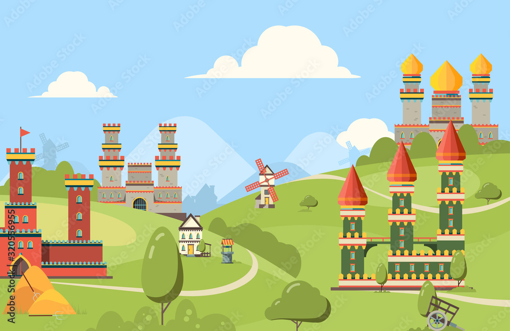Medieval buildings. Horizontal background of kingdom castles buildings ...