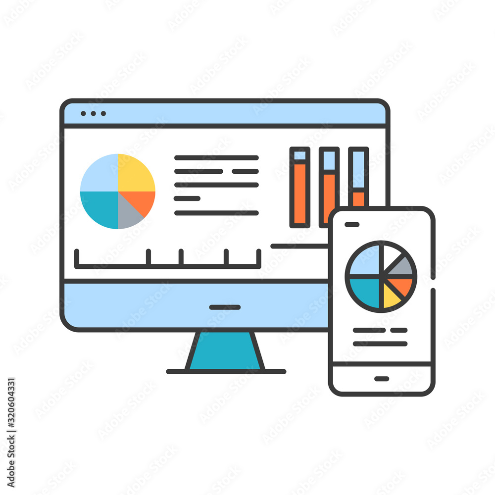 Mobile business intelligence BI color line icon. System comprising both ...