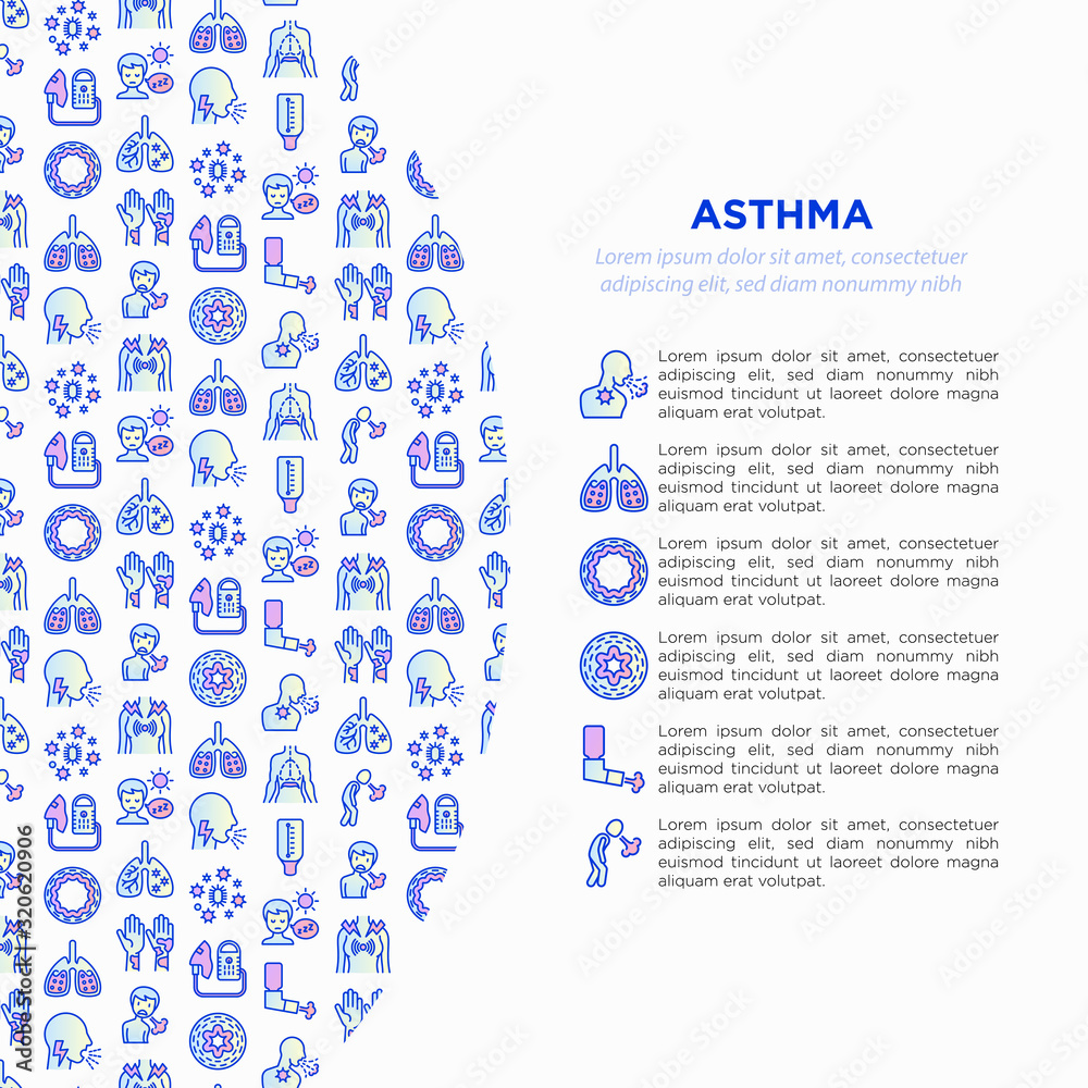 Asthma concept with thin line icons: allergen, dyspnea, cough, wheezing ...