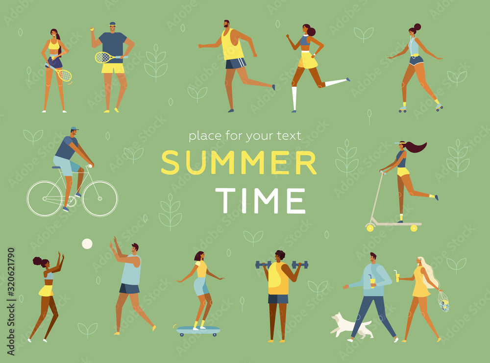 Stock-Vektorgrafik „Summer time poster. Young men and women have a fun ...