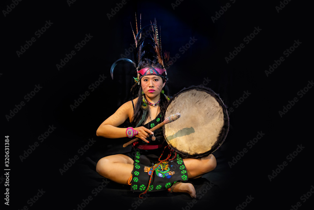 young woman Teotihuacana, Xicalanca - Toltec in black background, with ...